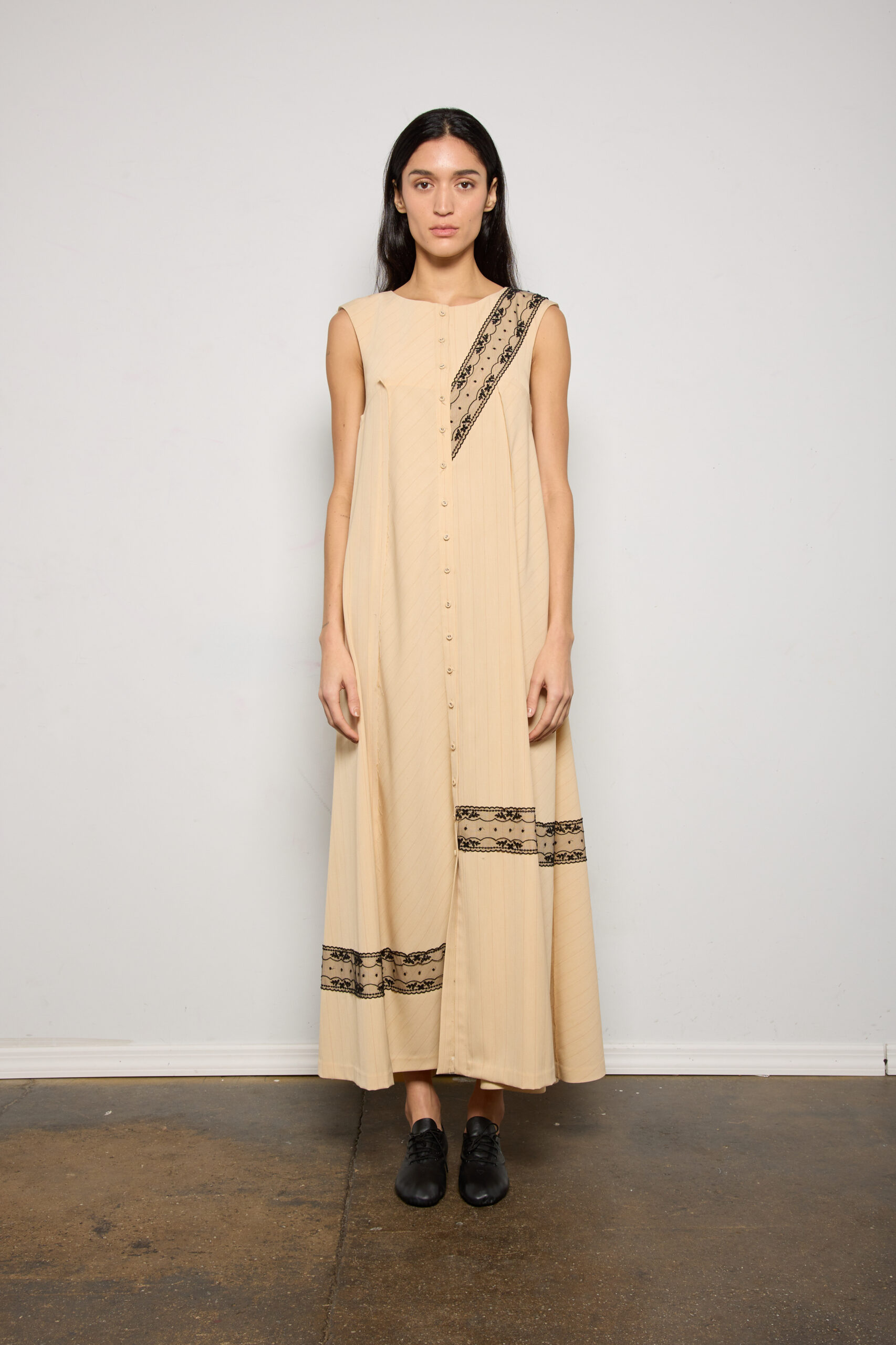 Beige Stripe Box Dress w/ Trimmings | meruert tolegen